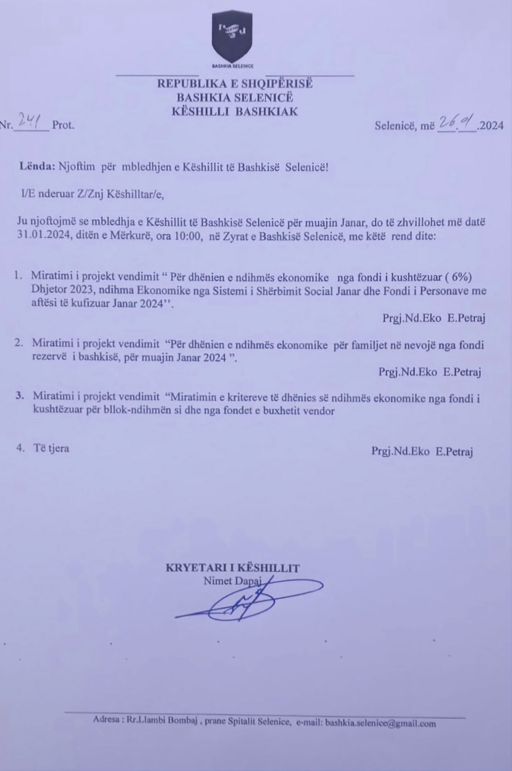 Njoftim për mbledhjen e këshillit të Bashkisë Selenicë ditën e Enjte në ...